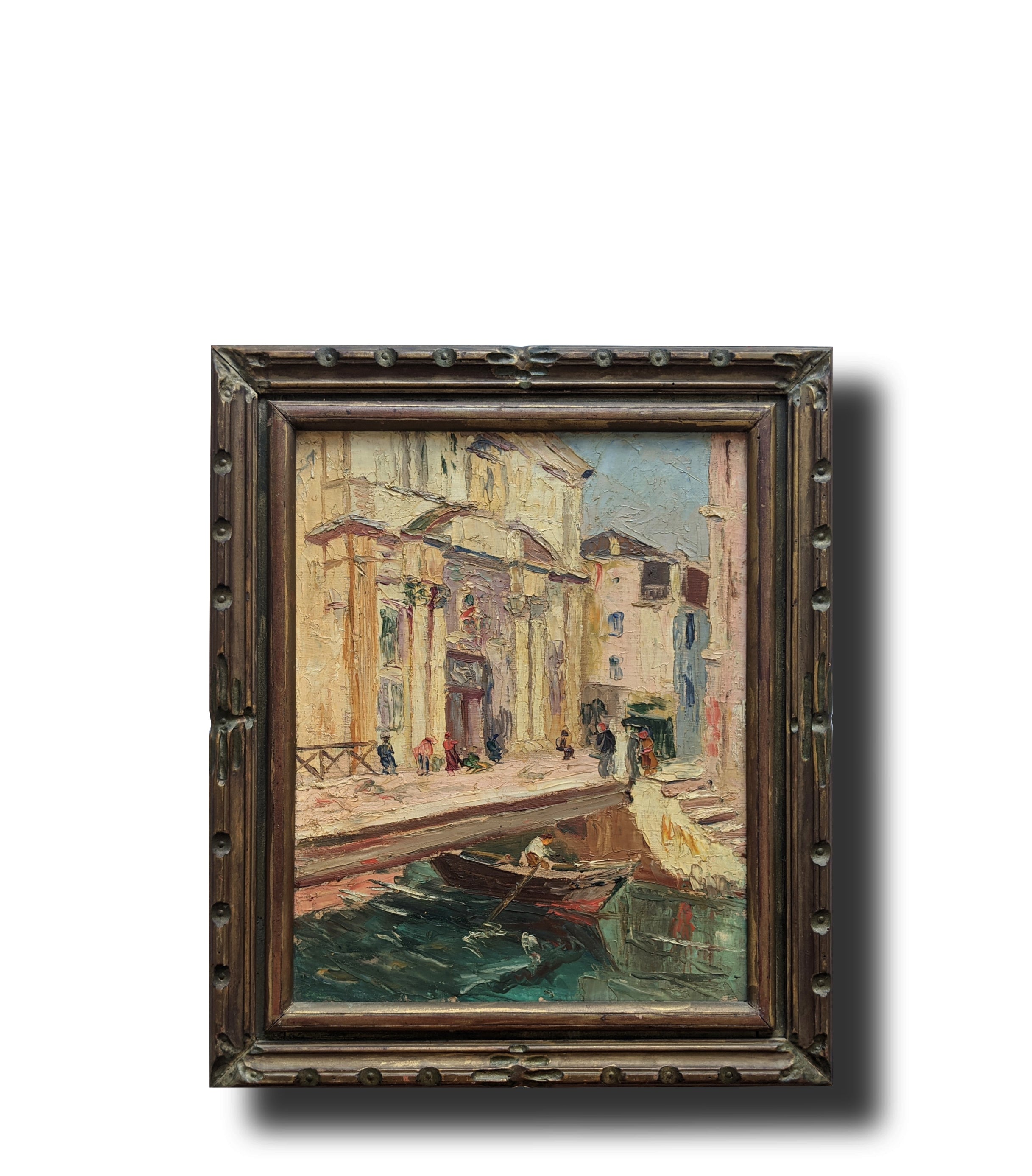 Antique French Oil Painting church and boat original impressionist